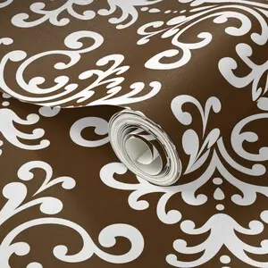 Spoonflower Damask Ornate Swirl Dark Brown Custom Pre-pasted Wallpaper - Brown,gray