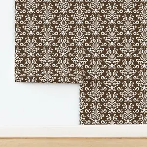Spoonflower Damask Ornate Swirl Dark Brown Custom Pre-pasted Wallpaper - Brown,gray