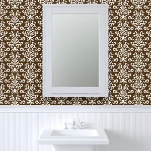 Spoonflower Damask Ornate Swirl Dark Brown Custom Pre-pasted Wallpaper - Brown,gray