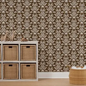 Spoonflower Damask Ornate Swirl Dark Brown Custom Pre-pasted Wallpaper - Brown,gray