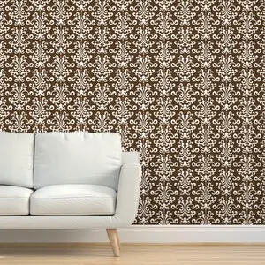Spoonflower Damask Ornate Swirl Dark Brown Custom Pre-pasted Wallpaper - Brown,gray