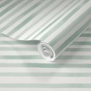 Spoonflower Stripes Pin Mint Watercolor Marker Hand Drawn Custom Pre-pasted Wallpaper Gray,green