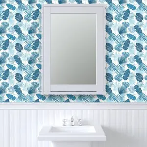 Spoonflower Cream Blue Leaves Teal Leaf Palm Summer Custom Removable Wallpaper - Blue,gray