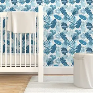 Spoonflower Cream Blue Leaves Teal Leaf Palm Summer Custom Removable Wallpaper - Blue,gray