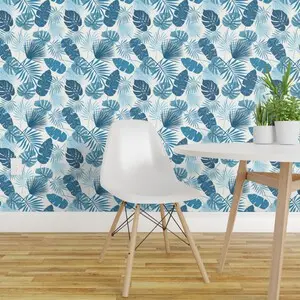 Spoonflower Cream Blue Leaves Teal Leaf Palm Summer Custom Removable Wallpaper - Blue,gray