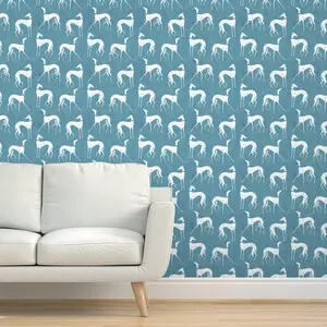 Spoonflower Dog Greyhound Whippet Hound Sighthound Hund Galgo Custom Pre-pasted Wallpaper - Gray,blue