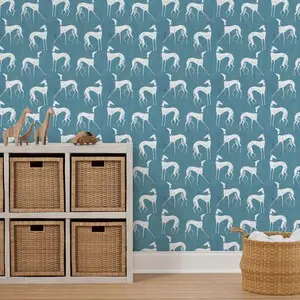 Spoonflower Dog Greyhound Whippet Hound Sighthound Hund Galgo Custom Pre-pasted Wallpaper - Gray,blue