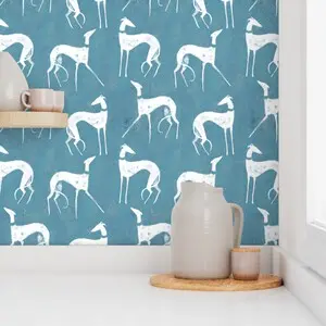 Spoonflower Dog Greyhound Whippet Hound Sighthound Hund Galgo Custom Pre-pasted Wallpaper - Gray,blue