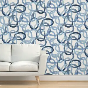 Spoonflower Mimi Circles Navy Blue Cream 100% Natural Sisal Grasscloth Wallcovering