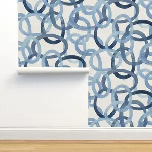 Spoonflower Mimi Circles Navy Blue Cream 100% Natural Sisal Grasscloth Wallcovering