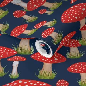 Spoonflower Red Mushrooms On Navy Blue Traditional Wallpaper - Blue,red,brown