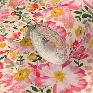 Spoonflower Yellow And Peonies 100% Natural Sisal Grasscloth Wallcovering - Pink
