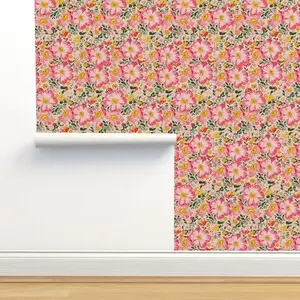 Spoonflower Yellow And Peonies 100% Natural Sisal Grasscloth Wallcovering - Pink