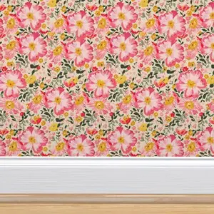 Spoonflower Yellow And Peonies 100% Natural Sisal Grasscloth Wallcovering - Pink