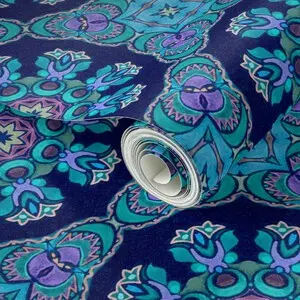Spoonflower Geometric Cool Abstract Dark Kaleidoscope Traditional Wallpaper - Blue
