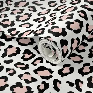 Spoonflower Small Leopard Pink Animal Print Black Blush Traditional Wallpaper - White,black,gray