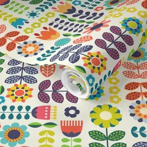 Spoonflower Swedish Folk Art European Flower Custom Removable Wallpaper - Rainbow