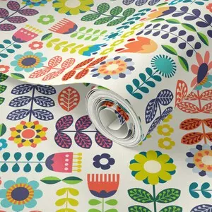 Spoonflower Swedish Folk Art European Flower Custom Removable Wallpaper - Rainbow