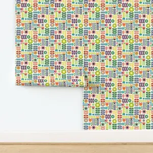 Spoonflower Swedish Folk Art European Flower Custom Removable Wallpaper - Rainbow
