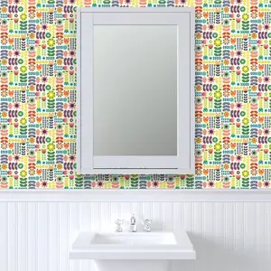 Spoonflower Swedish Folk Art European Flower Custom Removable Wallpaper - Rainbow