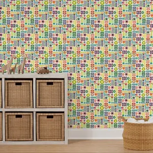 Spoonflower Swedish Folk Art European Flower Custom Removable Wallpaper - Rainbow