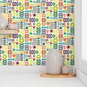Spoonflower Swedish Folk Art European Flower Custom Removable Wallpaper - Rainbow