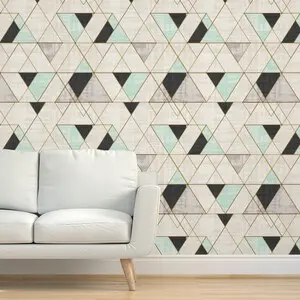 Spoonflower Mod Triangles Vintage Bw Mint 100% Natural Sisal Grasscloth Wallcovering