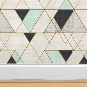 Spoonflower Mod Triangles Vintage Bw Mint 100% Natural Sisal Grasscloth Wallcovering