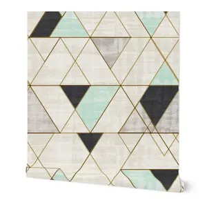 Spoonflower Mod Triangles Vintage Bw Mint 100% Natural Sisal Grasscloth Wallcovering