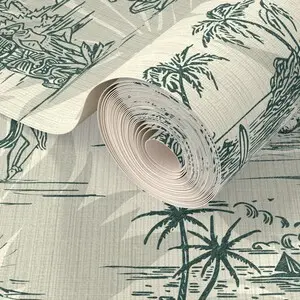 Spoonflower Vintage Hawaiian Paradise Green On Off White 100% Natural Sisal Grasscloth Wallcovering Green