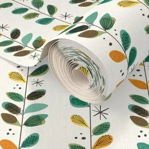 Spoonflower Vintage Retro Mid Century Modern Leaves Botanical 100% Natural Sisal Grasscloth Wallcovering - Orange