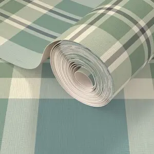 Spoonflower Blue Green & Cream Plaid Large Scale 100% Natural Sisal Grasscloth Wallcovering - Green,blue