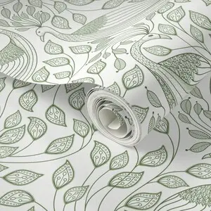 Spoonflower Olive Green Toile Peacock Custom Removable Wallpaper - Green,gray