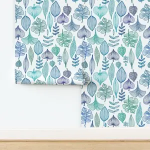Spoonflower Blue Leaves Pattern Plants Trees Forest Nature Custom Removable Wallpaper