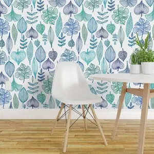Spoonflower Blue Leaves Pattern Plants Trees Forest Nature Custom Removable Wallpaper
