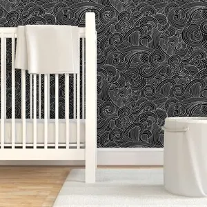 Spoonflower Black And White Ocean Wave Line Traditional Wallpaper