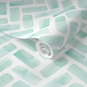 Spoonflower Geometric Mint Aqua Watercolor Herringbone Chevron Custom Removable Wallpaper - Mint,white,teal