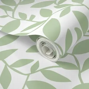 Spoonflower Green Orchard Leaves On White Traditional Wallpaper - Green,white