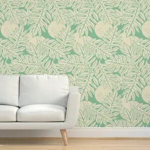 Spoonflower Medium Breadfruit Ulu Line Drawing Cream And 100% Natural Sisal Grasscloth Wallcovering - Green