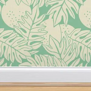Spoonflower Medium Breadfruit Ulu Line Drawing Cream And 100% Natural Sisal Grasscloth Wallcovering - Green