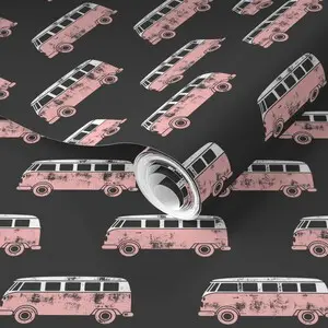Spoonflower Retro Wild Trendy Summer Van Surfing Surf Traditional Wallpaper - Pink,black,gray