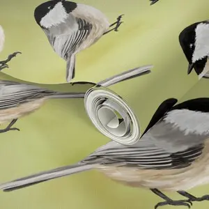 Spoonflower Bird Birds Chickadee Chickadees Custom Pre-pasted Wallpaper - Sage,black,gray