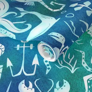 Spoonflower Sea Nautical Mermaid Watercolor Blue Mermaids Traditional Wallpaper - Blue,green,turquoise