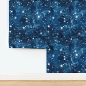 Spoonflower Hawaiian Bioluminescence Night Jellyfish Ocean Custom Pre-pasted Wallpaper - Blue