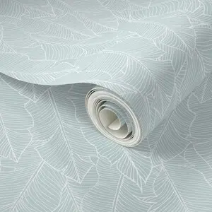 Spoonflower Blue Leaves Light Jungle Lines Traditional Wallpaper - Blue,white,gray