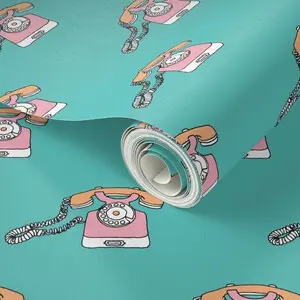 Spoonflower Vintage Retro Colorful Illustration Quirky Phone Traditional Wallpaper - Turquoise,pink,gray
