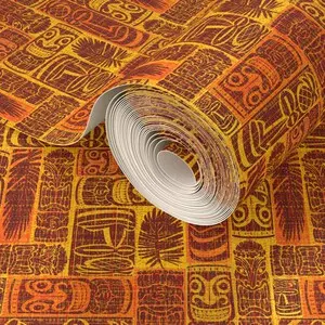 Spoonflower Mid Century Tiki Heads Orange Red 100% Natural Sisal Grasscloth Wallcovering Brown,pink