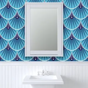 Spoonflower Art Deco Mermaid Scales Geometric Pearls Custom Removable Wallpaper - Blue
