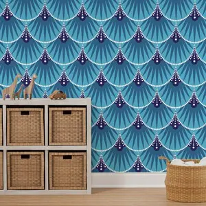 Spoonflower Art Deco Mermaid Scales Geometric Pearls Custom Removable Wallpaper - Blue