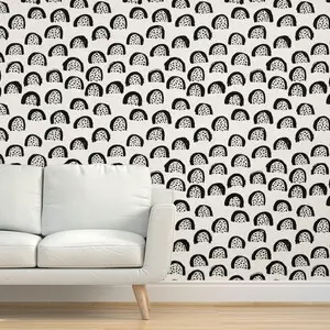 Spoonflower Monochrome Black And White Fruit Abstract Minimal 100% Natural Sisal Grasscloth Wallcovering - Black,white